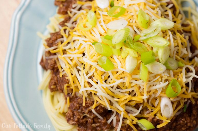Turkey Cincinnati Chili over Spaghetti - Our Potluck Family